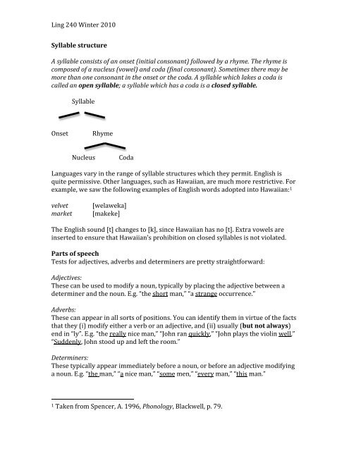 Syllable structure and parts of speech