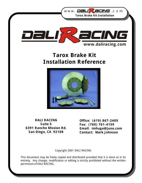 Tarox Brake Kit Installation Reference - Dali Racing