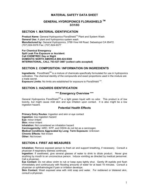 1 MATERIAL SAFETY DATA SHEET GENERAL HYDROPONICS ...