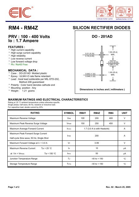 RM4 - RM4Z SILICON RECTIFIER DIODES PRV : 100 - 400 ... - EIC