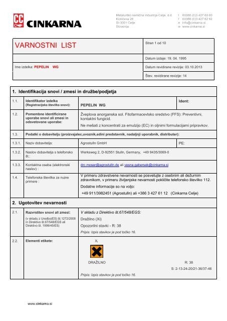 Varnostni list Pepelin - Cinkarna Celje