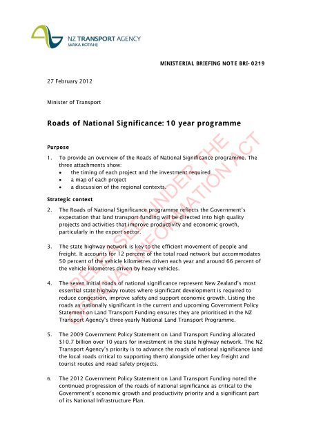 MINISTERIAL BRIEFING NOTE