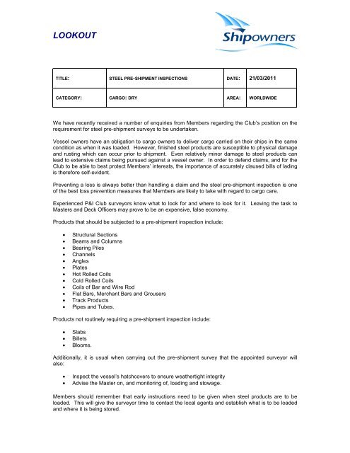 Steel Pre-Shipment Inspections - Shipowners