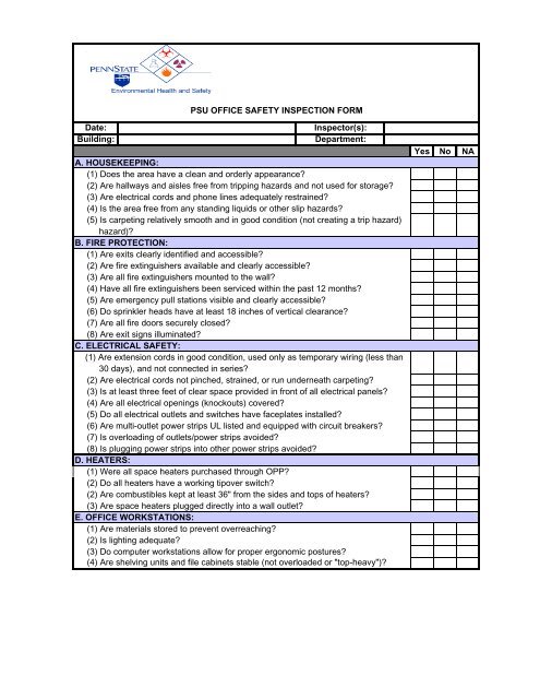 PSU OFFICE SAFETY INSPECTION FORM Date: Inspector(s ...