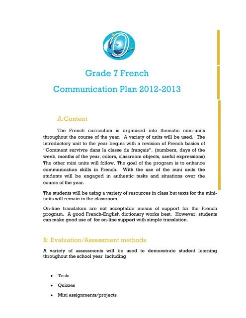 Grade 7 French Communication Plan 2012-2013