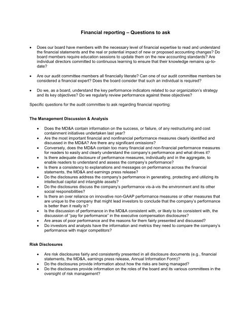Financial reporting â Questions to ask