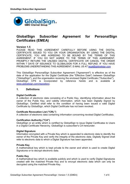 GlobalSign Subscriber Agreement for PersonalSign Certificates