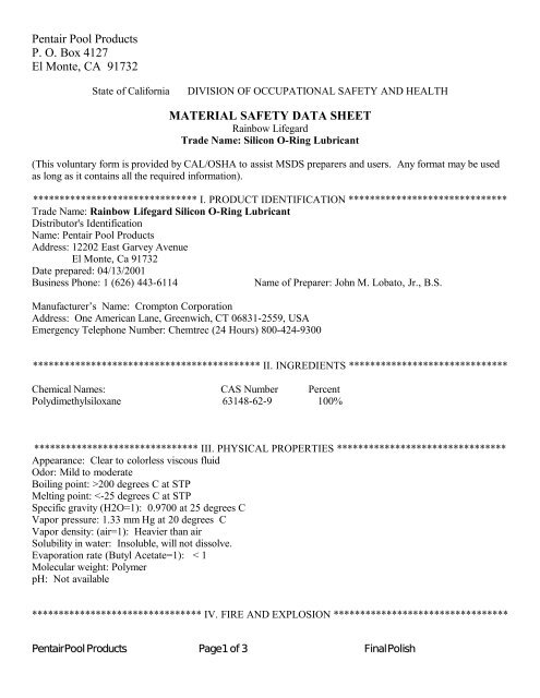 Material safety data sheet - Pool Water Products