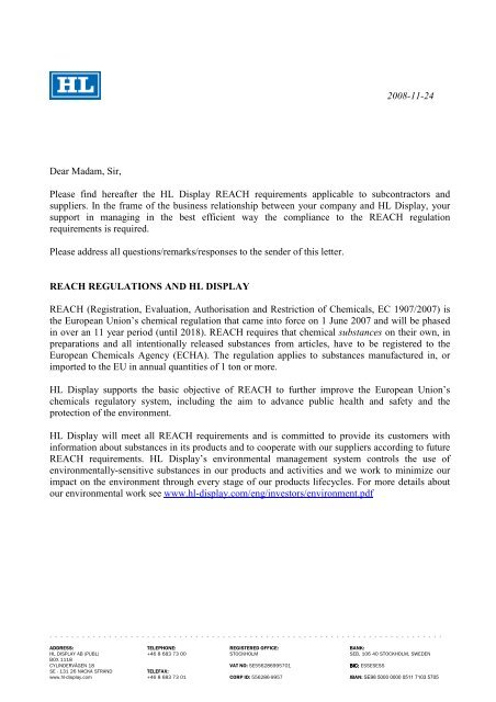 REACH requirements for Suppliers - HL Display