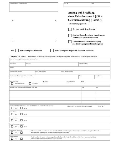 Antrag auf Erteilung einer Erlaubnis nach Â§ 34 a Gewerbeordnung ...