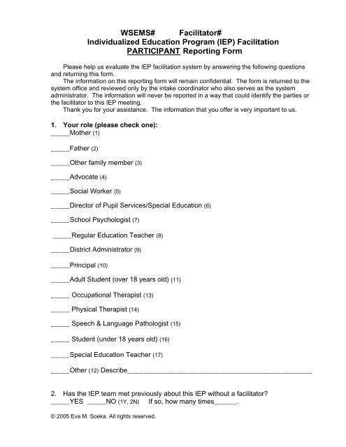 (IEP) Facilitation PARTICIPANT Reporting Form - WSEMS