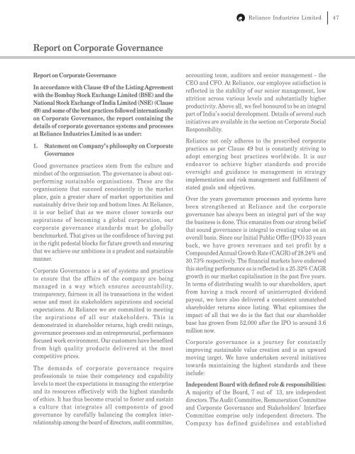 report on corporate governance - Reliance Industries Ltd