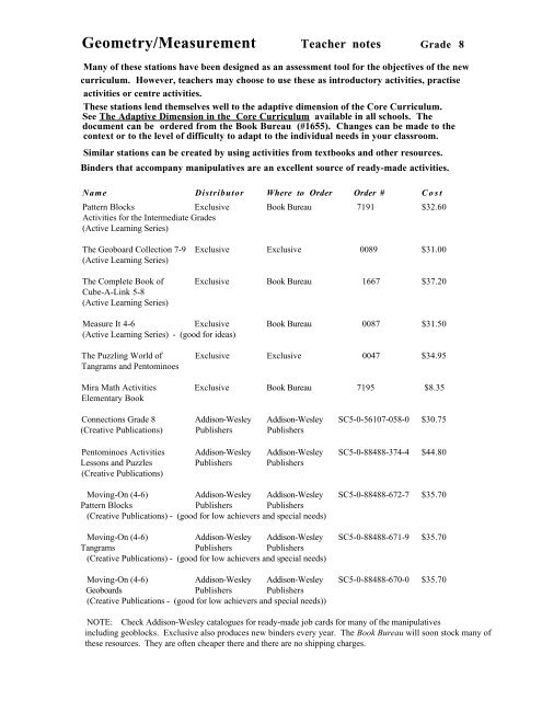 Geometry/Measurement Teacher notes - Math Central
