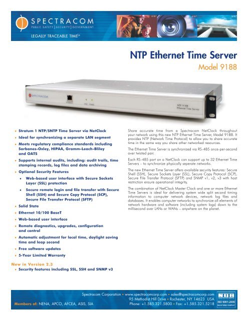 ntp ethernet time server model 9188 specifications - Spectracom
