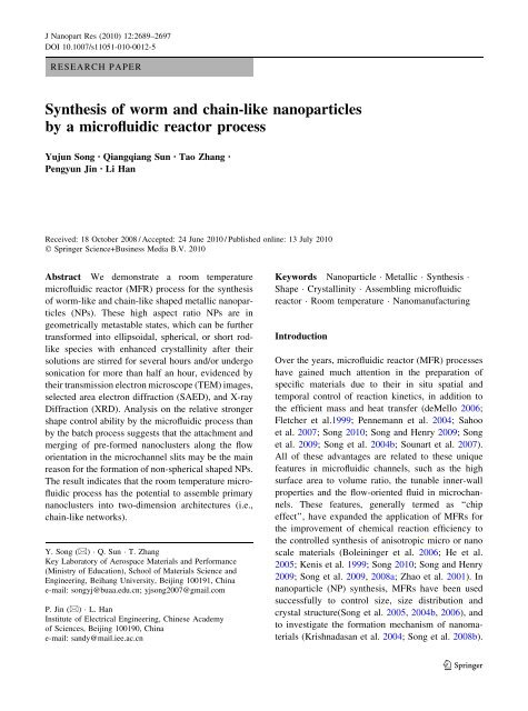 Synthesis of worm and chain-like nanoparticles by ... - IngentaConnect