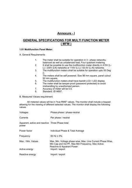 I GENERAL SPECIFICATIONS FOR MULTI FUNCTION METER