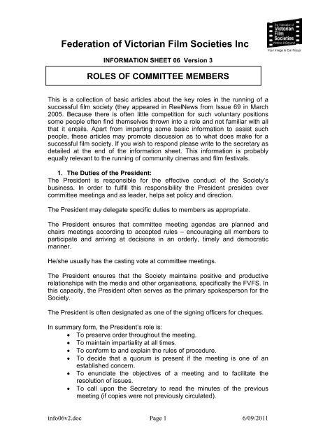 Roles of Committee Members - Federation of Victorian Film Societies