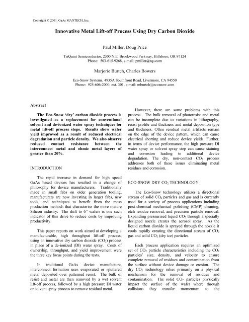 Innovative Metal Lift-off Process Using Dry Carbon Dioxide