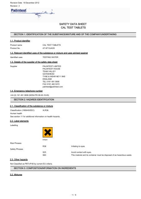 SAFETY DATA SHEET CAL TEST TABLETS - Palintest
