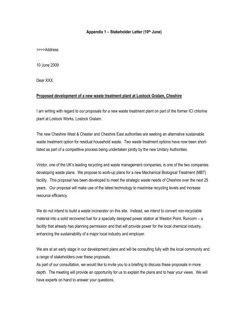 Appendix 1 - Stakeholder Invitation Letter - Viridor