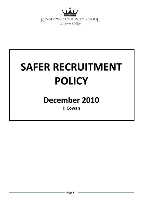 SAFER RECRUITMENT POLICY - Kingdown School