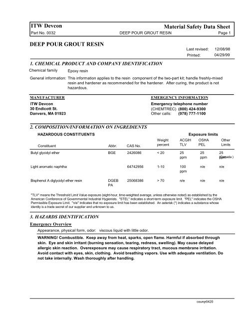 Material Safety Data Sheet ITW Devcon DEEP POUR GROUT RESIN