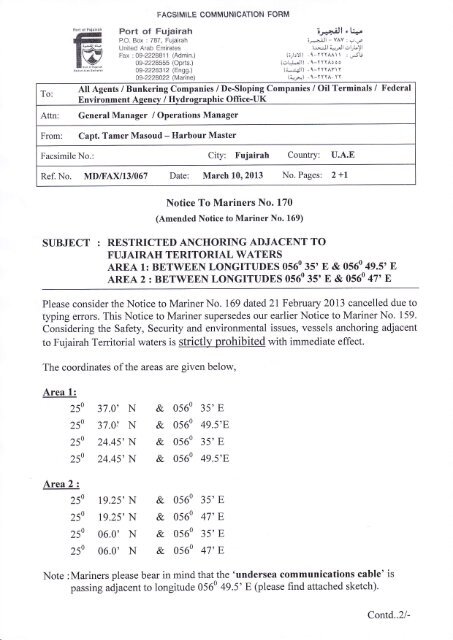 Notice To Mariners No. 170 – Amended Notice to ... - Port Of Fujairah