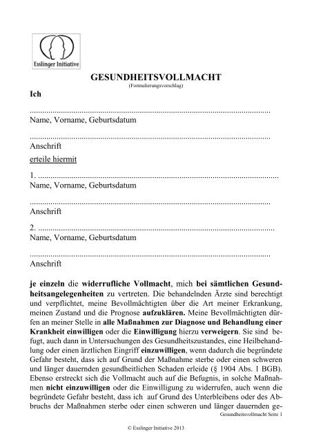 GESUNDHEITSVOLLMACHT - Esslinger Initiative