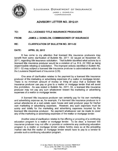 advisory letter no. 2012-01 - Louisiana Department of Insurance
