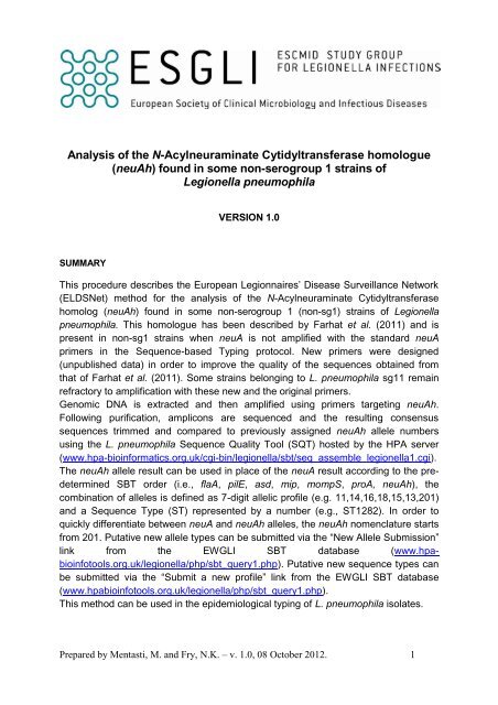 (SBT) protocol for epidemiological typing of Legionella pneumophila