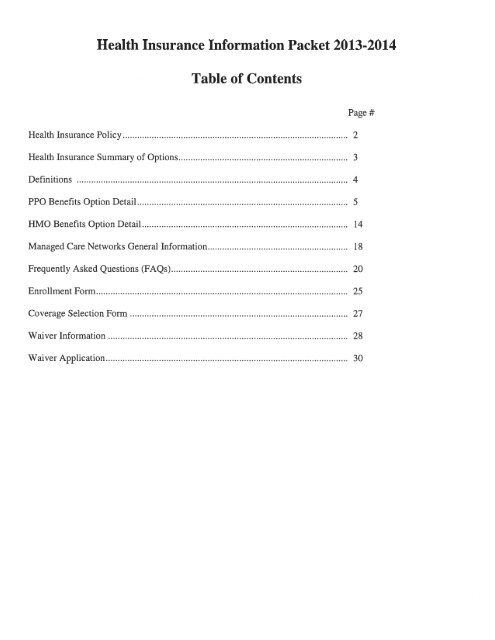 Health Insurance Information Packet 2013-2014 Table of Contents