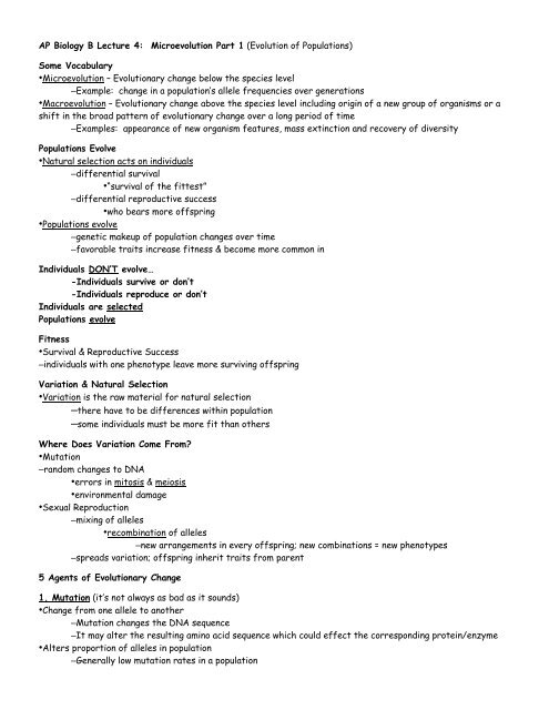 AP Biology B Lecture 4: Microevolution Part 1 (Evolution of ...