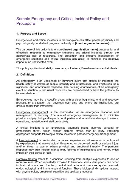 Sample Emergency and Critical Incident Policy and Procedure
