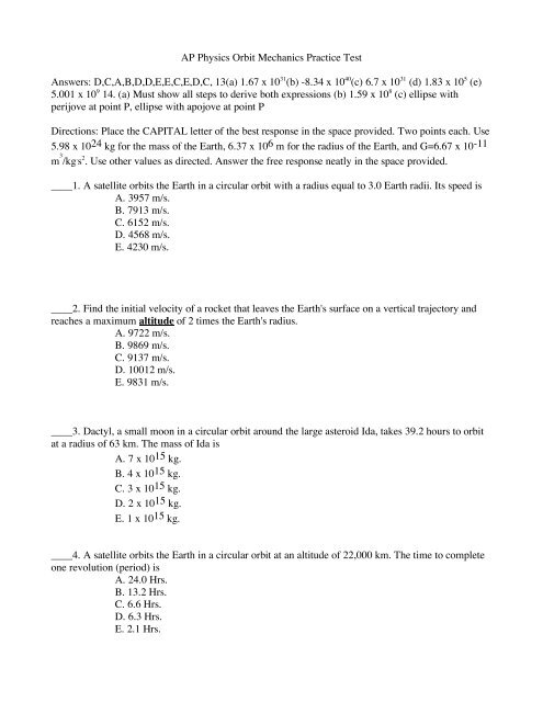 AP Physics Orbit Mechanics Practice Test Answers: D,C,A,B,D,D,E,E ...
