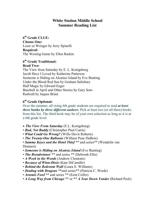 White Station Middle School Summer Reading List