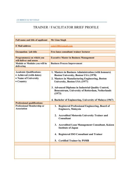 TRAINER / FACILITATOR BRIEF PROFILE - Knowledge Universe