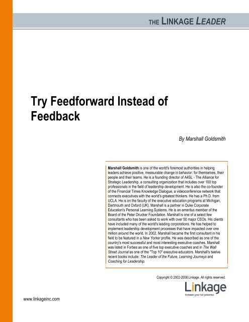 Try Feedforward Instead of Feedback - Linkage, Inc.
