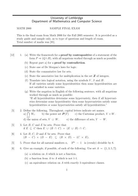 Sample Final Exam - Department of Mathematics & Computer ...
