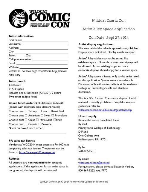 Artist Alley Application Form (PDF) - Wildcat Comic Con ...