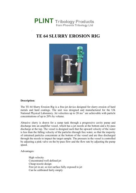 TE 64 SLURRY EROSION RIG - Phoenix Tribology Ltd