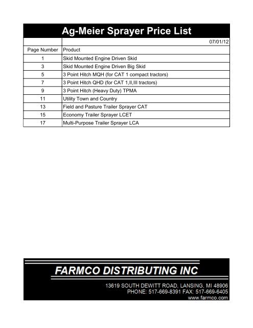 Ag-Meier Sprayer Price List
