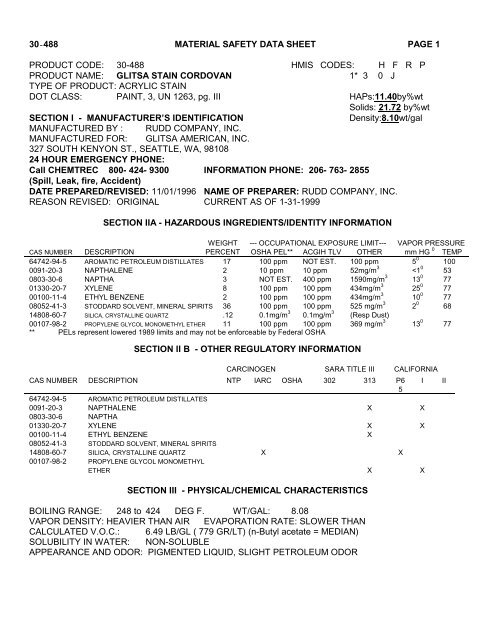 30-488 material safety data sheet page 1 - Crescent Hardwood Supply