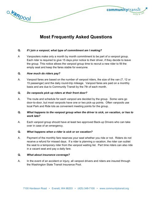 Vanpool FAQ - Community Transit