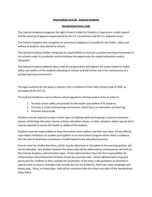 Dress Code Specifics - Colonial Intermediate Unit 20