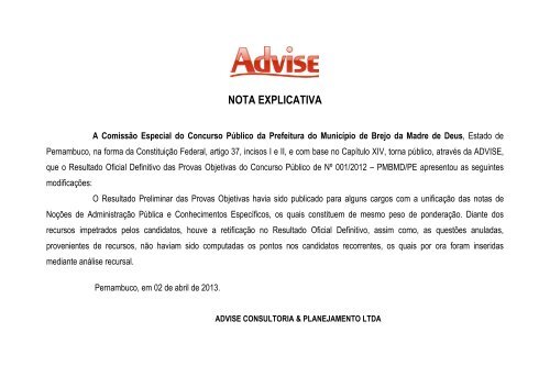 NOTA EXPLICATIVA - Advise
