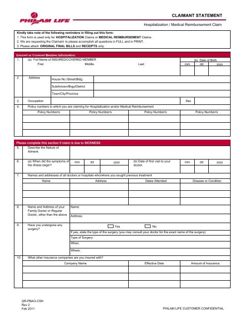 Claimant Statement for Hospitalization and Medical ... - Philam Life