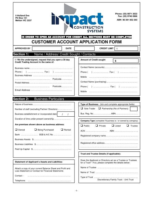 customer account application form - Impact Construction Systems