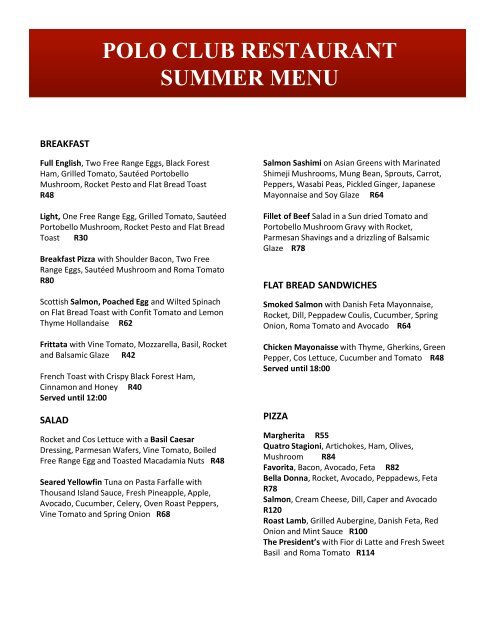 POLO CLUB RESTAURANT SUMMER MENU - Val de Vie