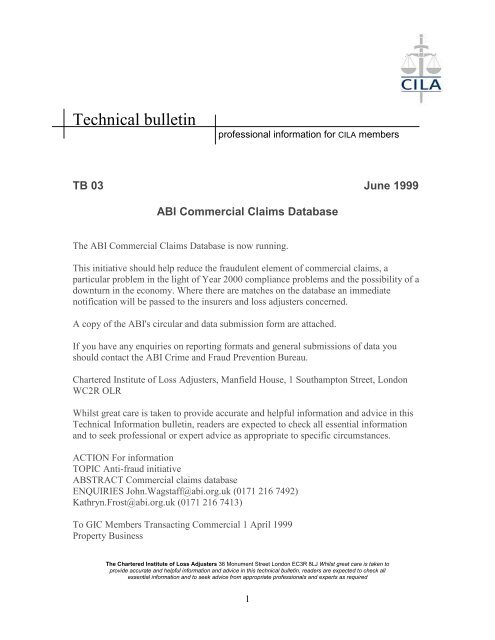 Technical Bulletin 03 - ABI Commercial Claims Database - CILA/The ...