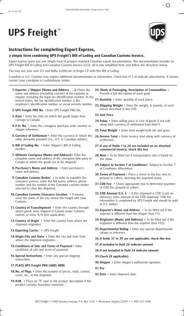 Instructions for completing Export Express, UPS Freight Bill ...a ...